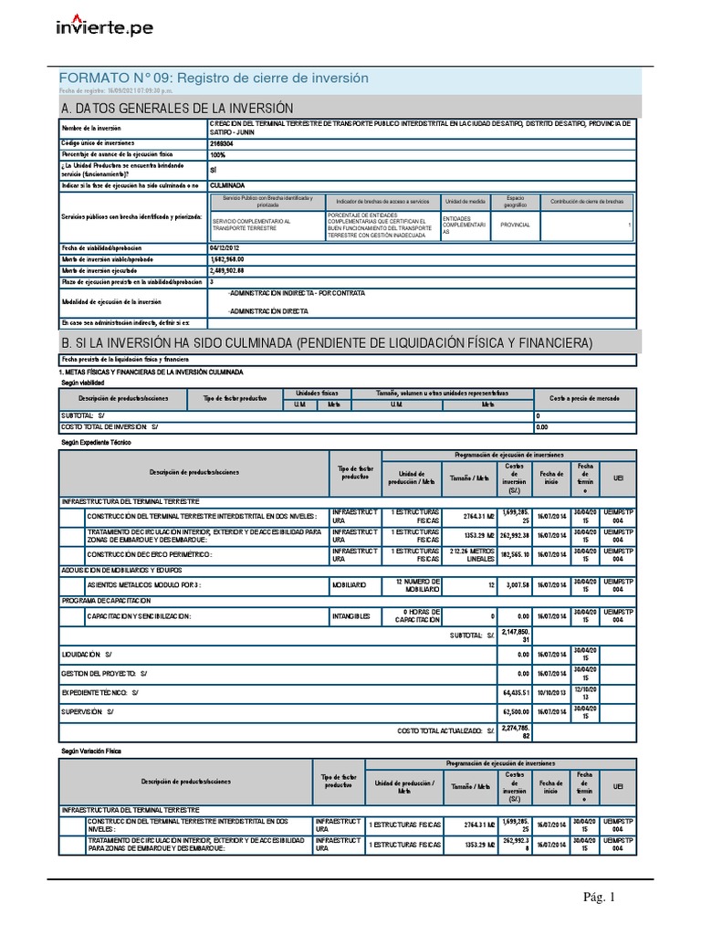 Informe de Inversión: Terminal Satipo | PDF | Creación de capacidad ...