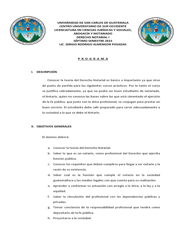 Programa Derecho Notarial I | PDF | Guatemala | Justicia
