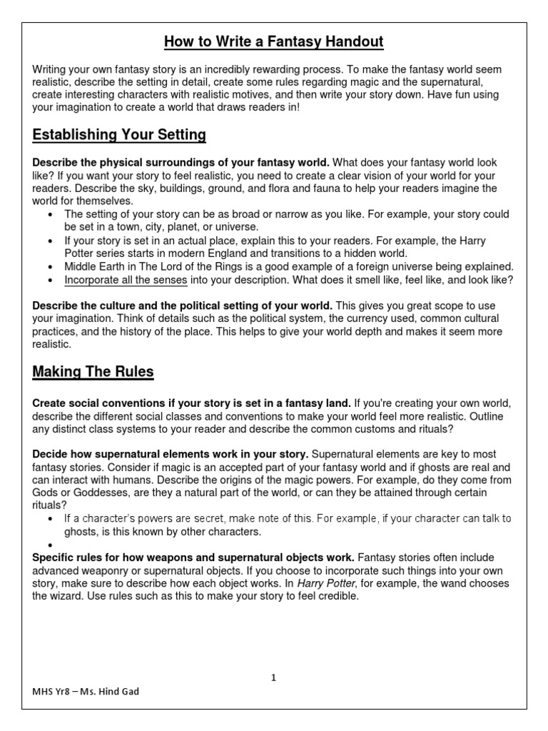 Fantasy Writing Guide for Year 8 Students | PDF | Narration | Hero