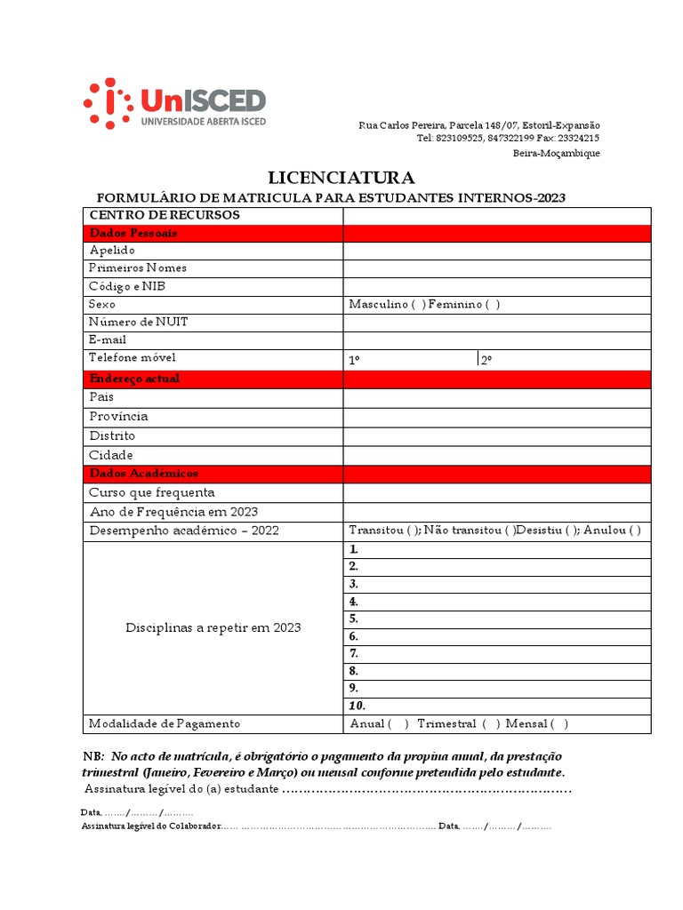 Formulario de Matricula para Estudantes Internos - Licenciatura 2023 | PDF