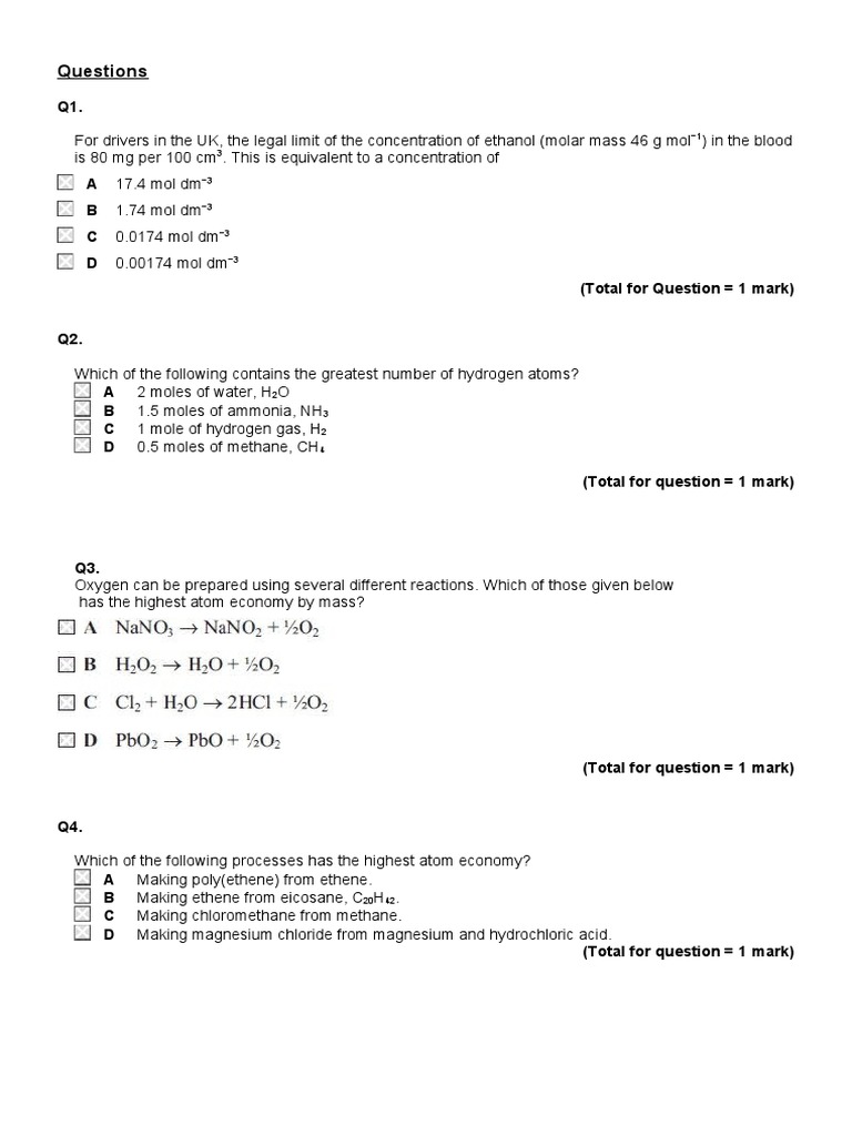 UK Chemistry Exam Questions on Mole Concepts | PDF | Chemical Bond ...