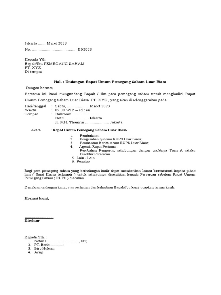 Undangan RUPS Luar Biasa | PDF