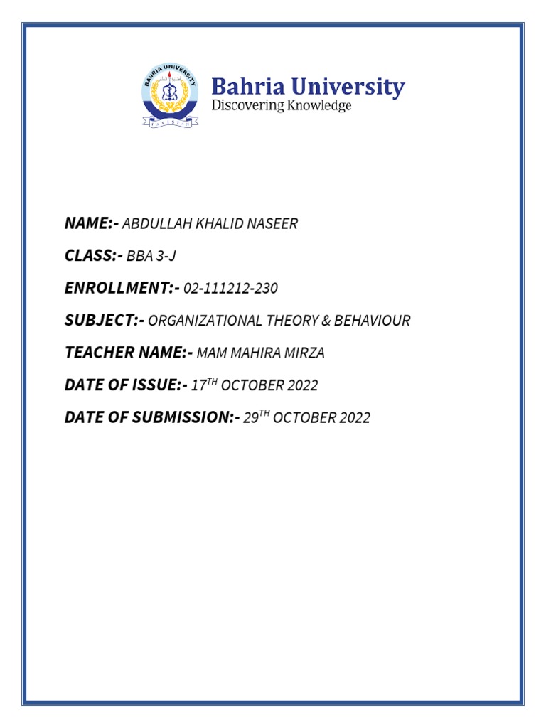 OB Assignment 1 Abdullah Khalid | PDF | Job Satisfaction | Business