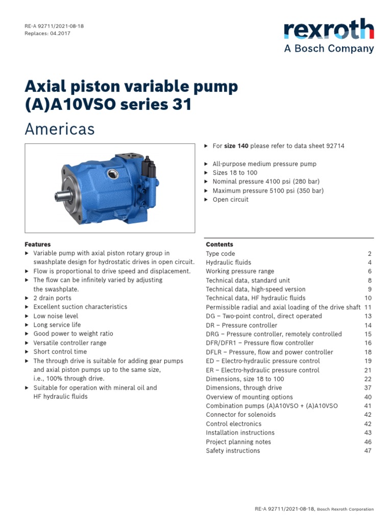 Axial Piston Variable Pump (A) A10VSO Series 31: Americas | PDF | Pump ...