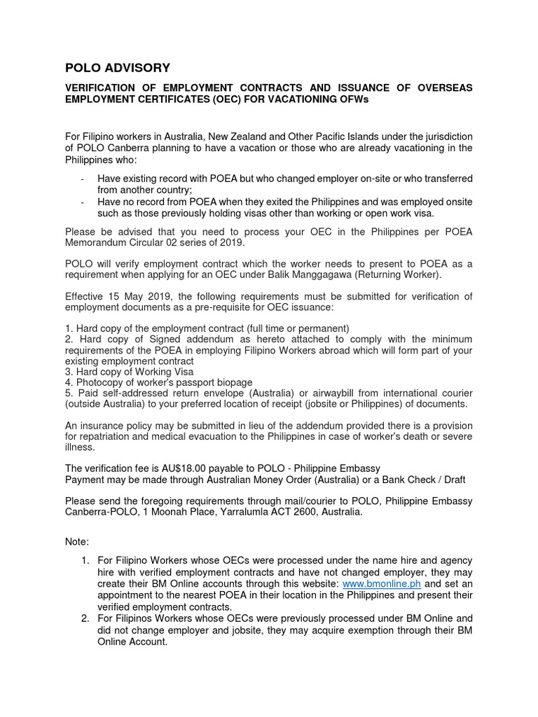 POLO ADVISORY - Verification of Employment Contract and Issuanc of OEC | PDF | Employment | Overtime