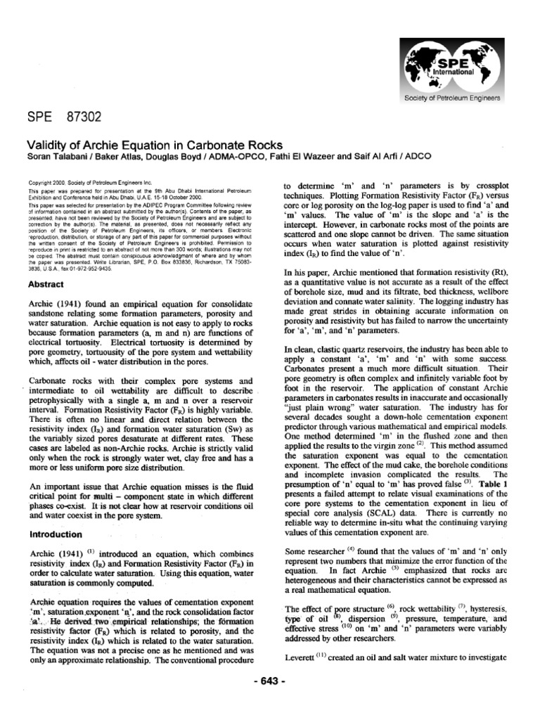 SPE-087302-MS Validity of Archie Equation in Carbonate Rocks | PDF