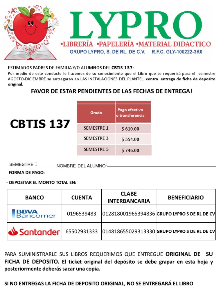 Información sobre el pago de libros de texto y entrega de fichas de depósito para el CBTIS 137 | PDF
