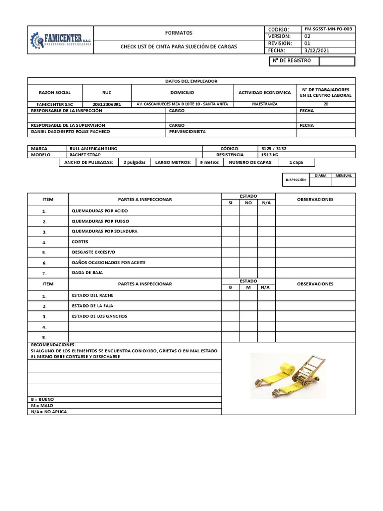 CHECK LIST DE CINTA PARA SUJECIÓN DE CARGAS | PDF