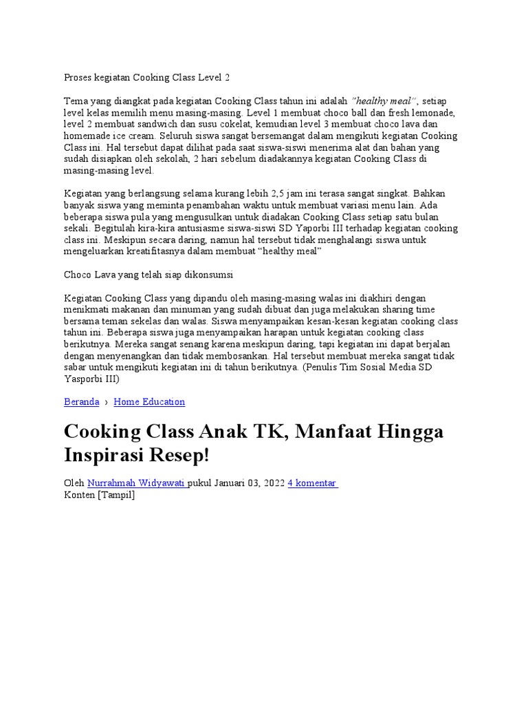 Cooking Class Level 2: Menu Sehat Anak | PDF | Memasak, Makanan ...