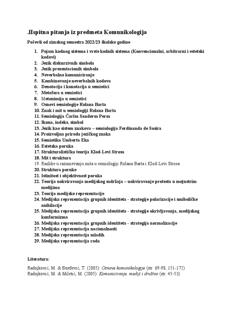 Ispitna Pitanja Komunikologija 2022 23 | PDF