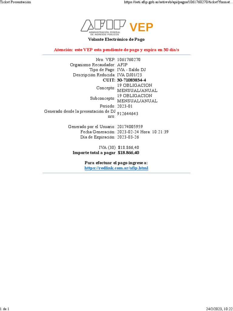 VEP IVA Pendiente de Pago - AFIP | PDF | Finanzas y dinero