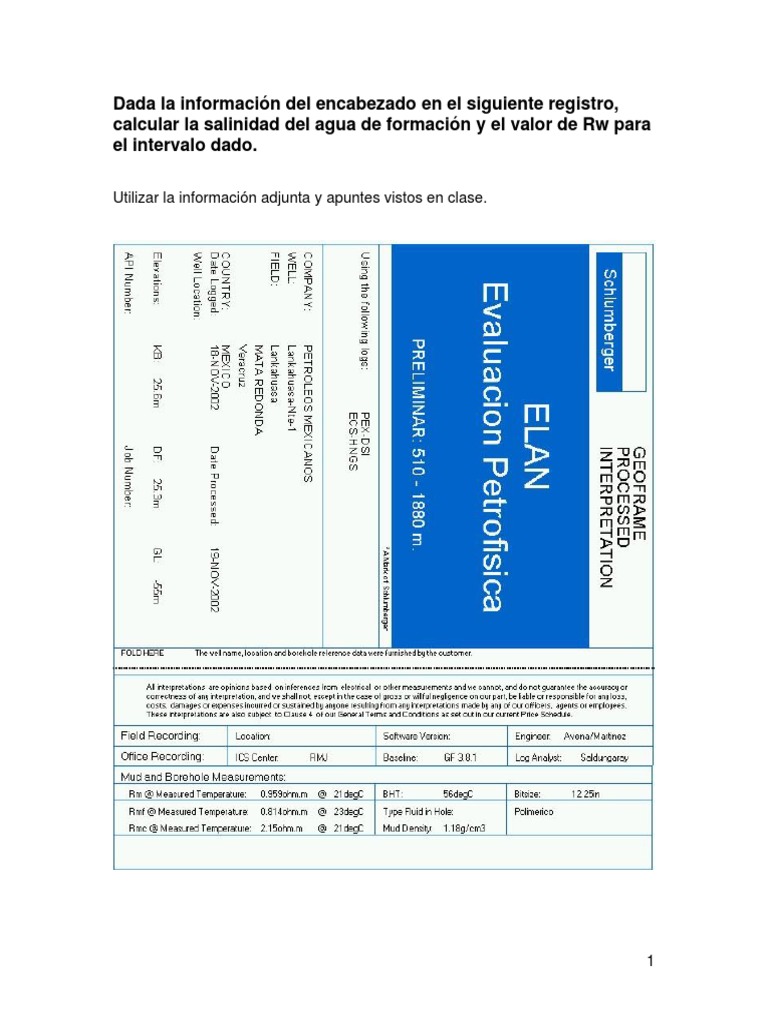 Tarea 1 Calculo de Salinidad y RW A Partir de SP - Lodo Dulce | PDF | Ciencia y matemáticas ...