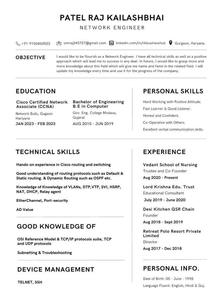 Patel Raj Kailashbhai - Network Engineer | PDF | Internet Protocol Suite | Computer Networking