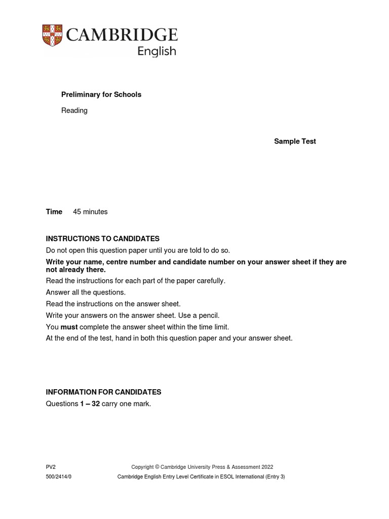 B1 Preliminary Schools 2022 Sample Tests Reading - QP | PDF | Trees