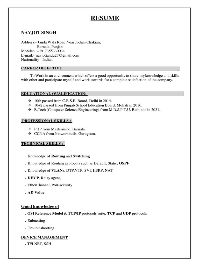Navjot Singh's Professional Resume | PDF | Internet Protocol Suite ...