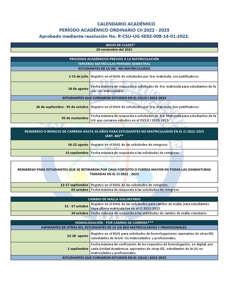 Calendario Académico UG 2022-2023 | PDF