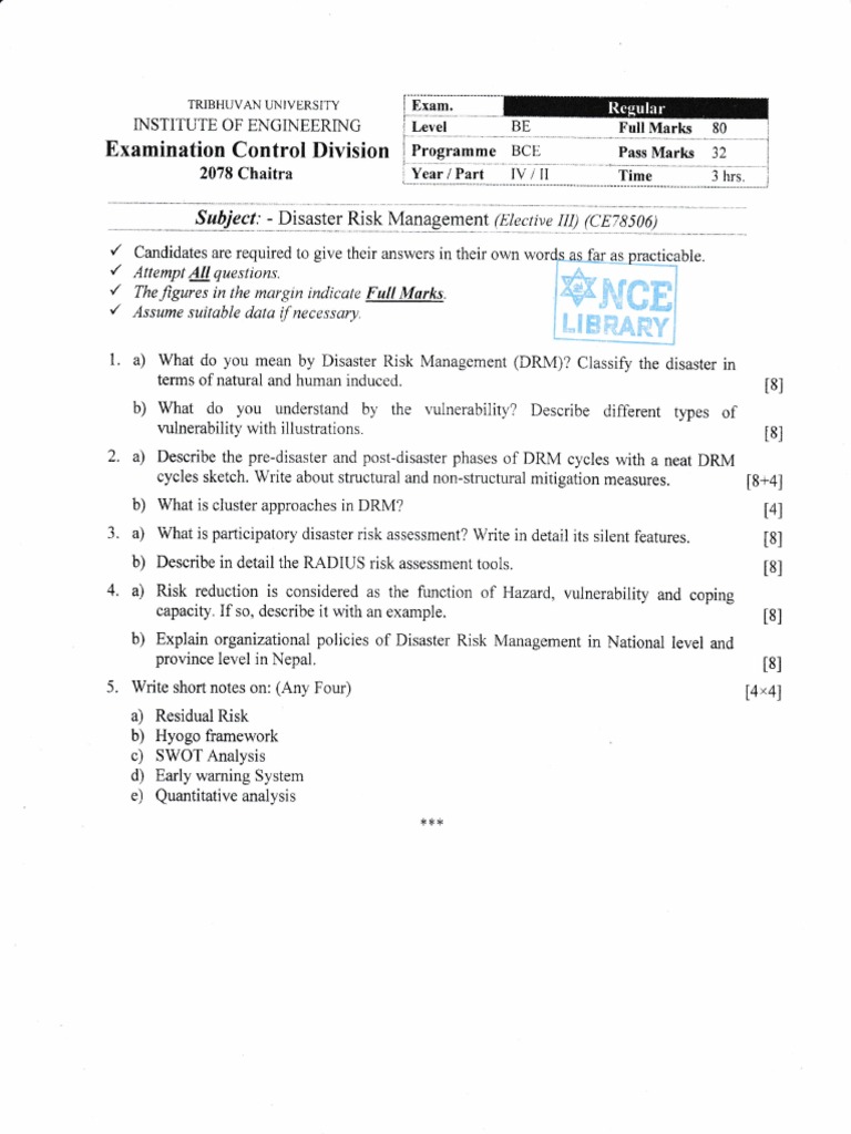 Disaster Risk Management IOE BCE Past Questions Collection | PDF ...