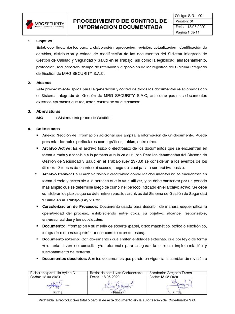 SIG - 001 Procedimiento de Control de Información Documentada | PDF ...