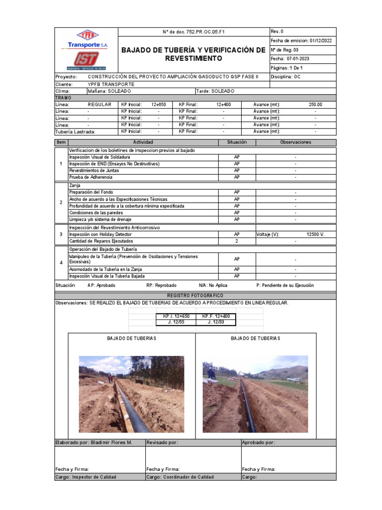 Bajado de tubería y verificación de revestimiento anticorrosivo en el ...