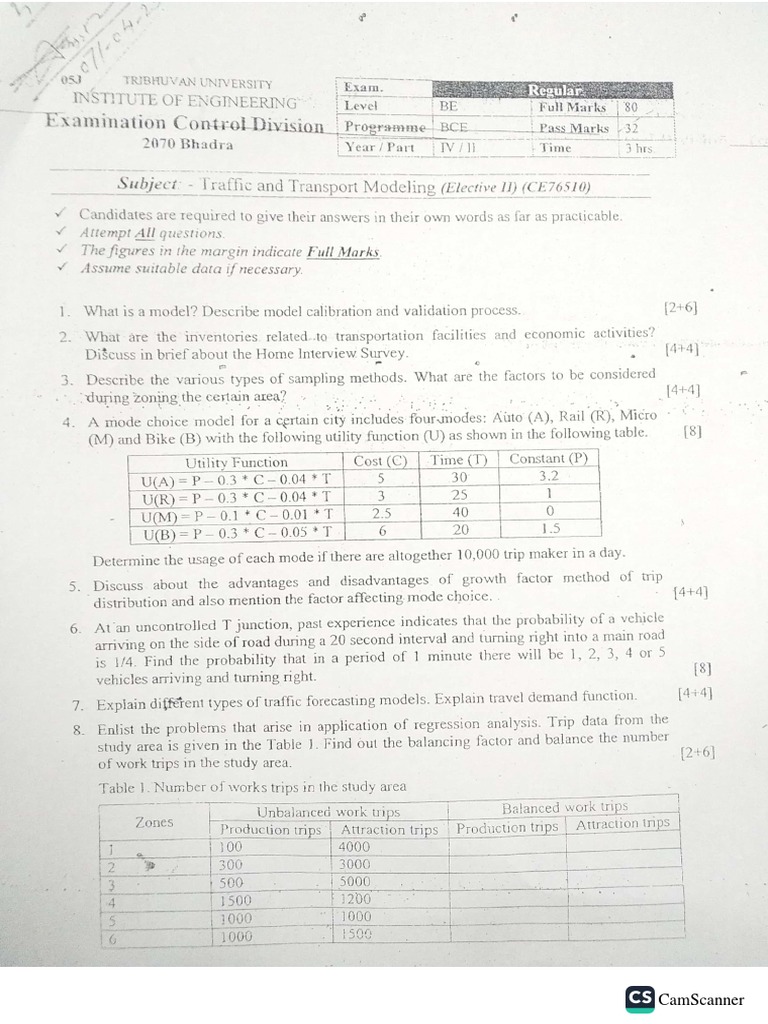 Traffic and Transport Modelling Elective III IOE BCE Past Questions ...