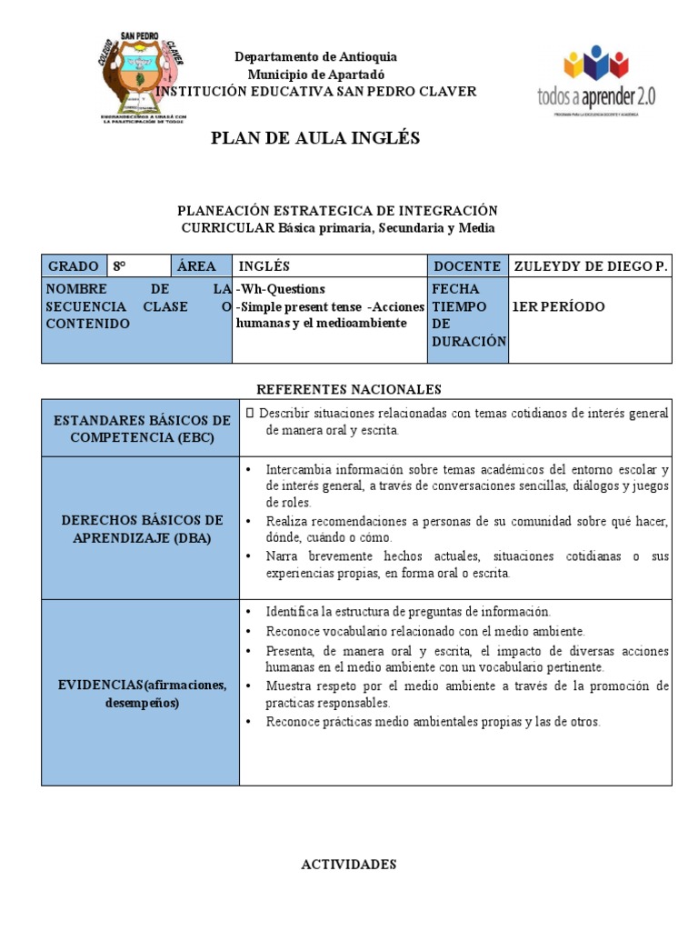 8°-Planeación de Inglés-1er Período-2023 | PDF | Entorno natural ...