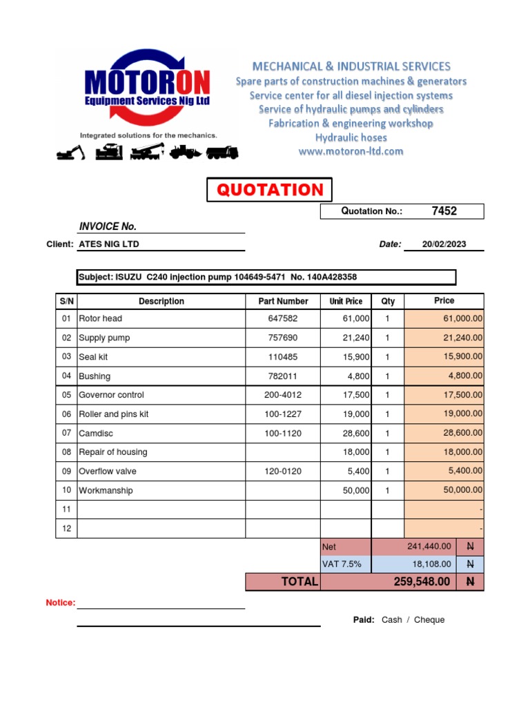 Quotation 7452 | PDF | Pump | Rotating Machines