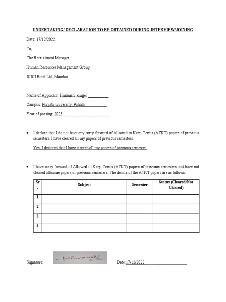 Additional - Declaration - ATKT | PDF