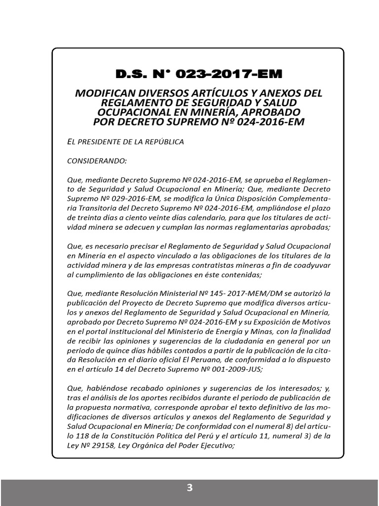 DS 024-2016 - D.S. 023-2017 (Modificatoria) | PDF | Minería | Seguridad y salud ocupacional