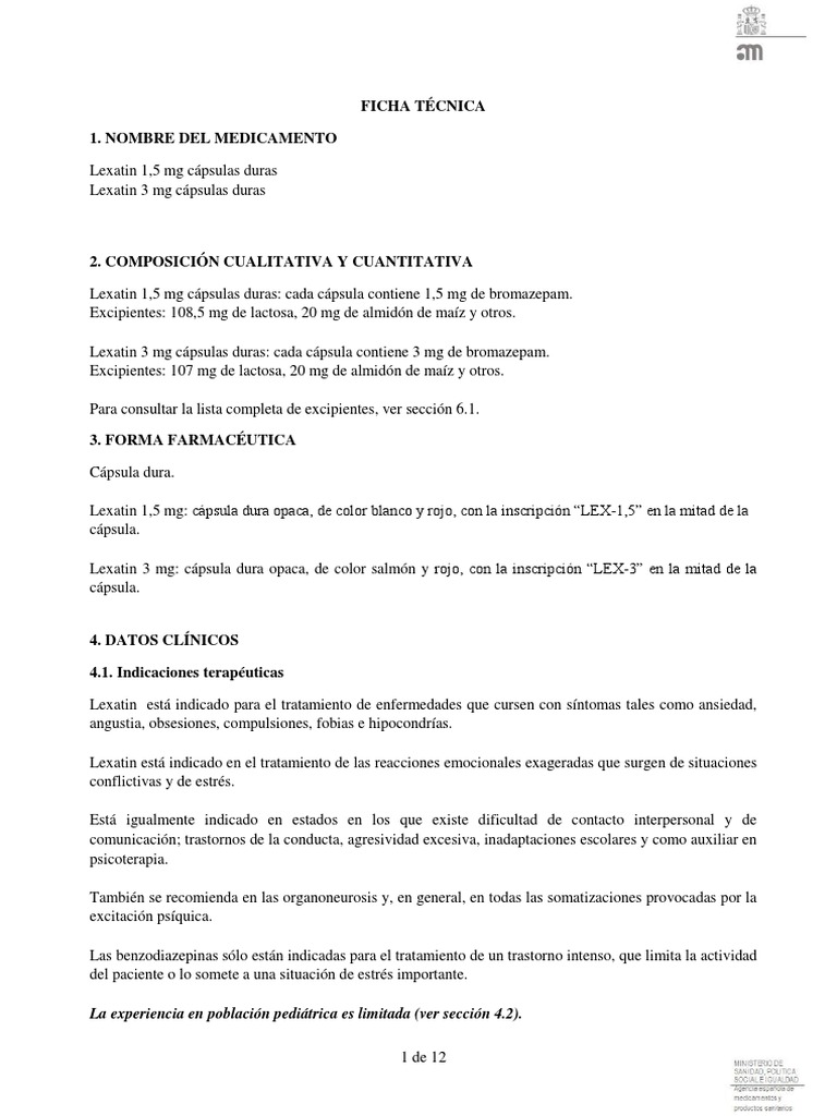Lexatin: Composición y Posología | PDF | Benzodiazepinas | Despachador ...
