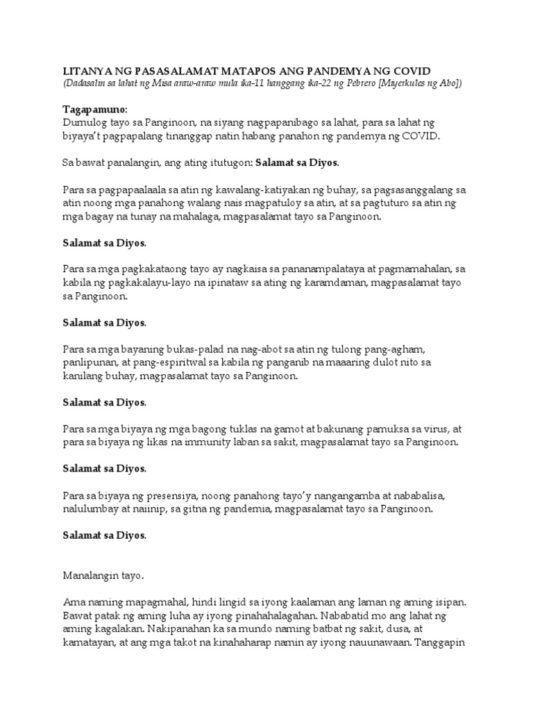 Litanya NG Pasasalamat Matapos Ang Pandemya NG COVID | PDF