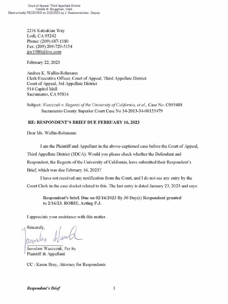 03-01-2023 - Letter To Karen Bray - Failure To File Respondents' Brief ...