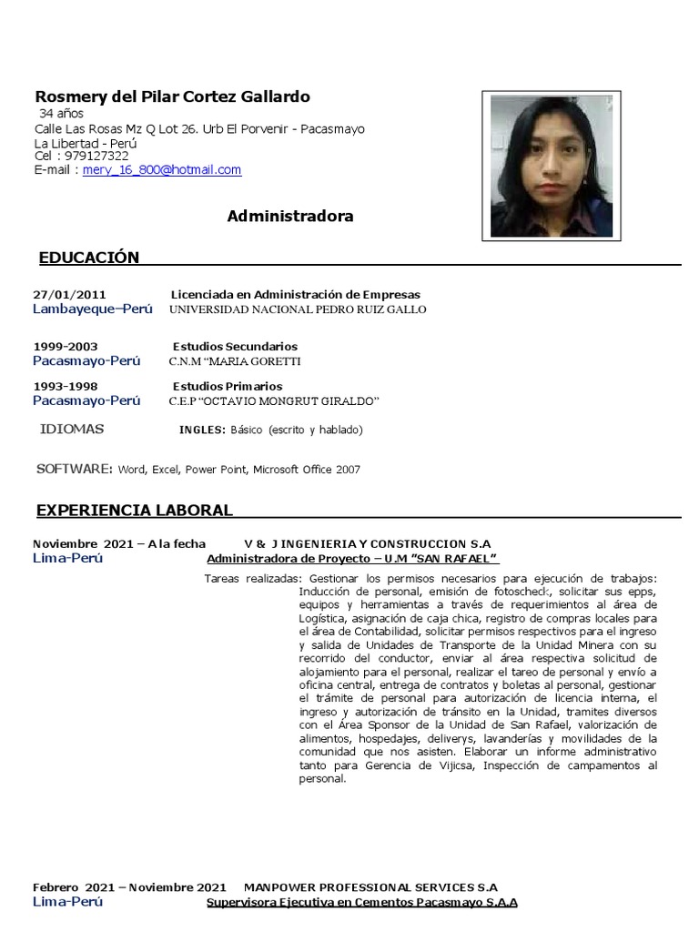 CV Ros Mery Cortez Actual | PDF | Presupuesto | Contabilidad