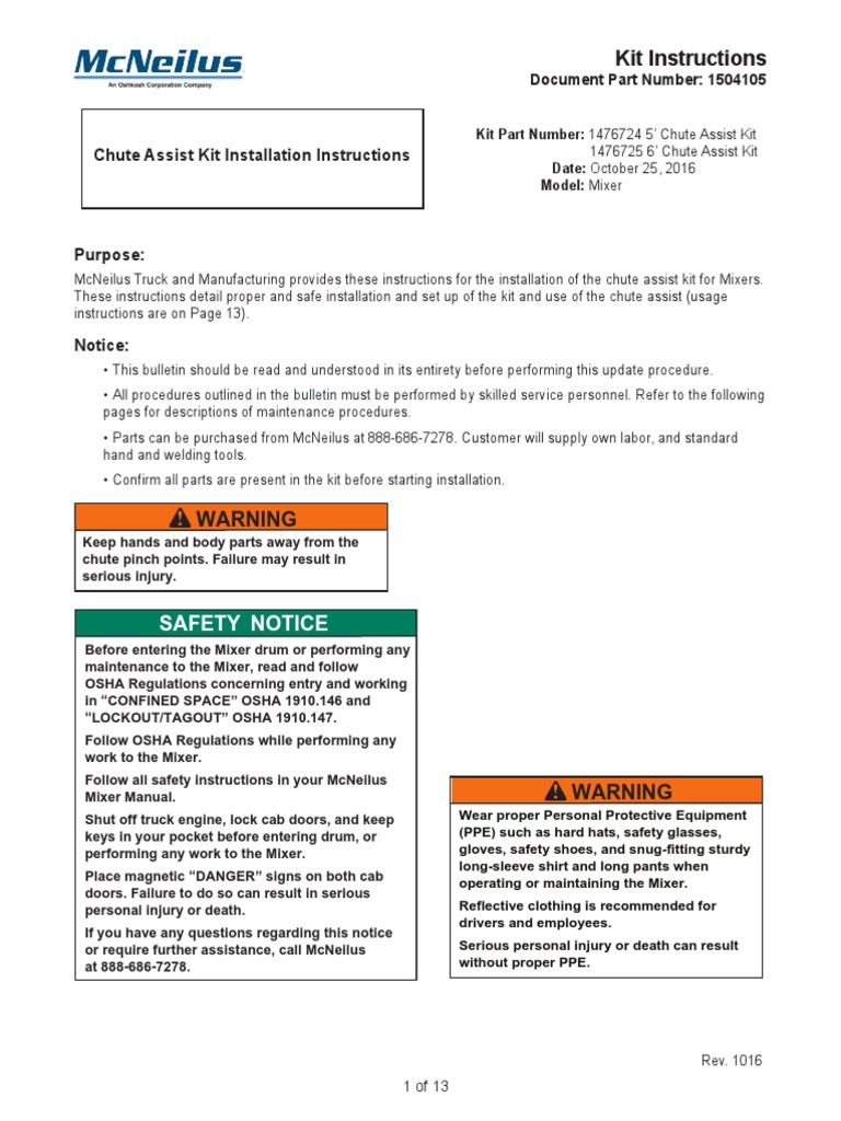 Chute Assist Installation Instructions Rev1016 Final | PDF | Manufactured Goods | Equipment