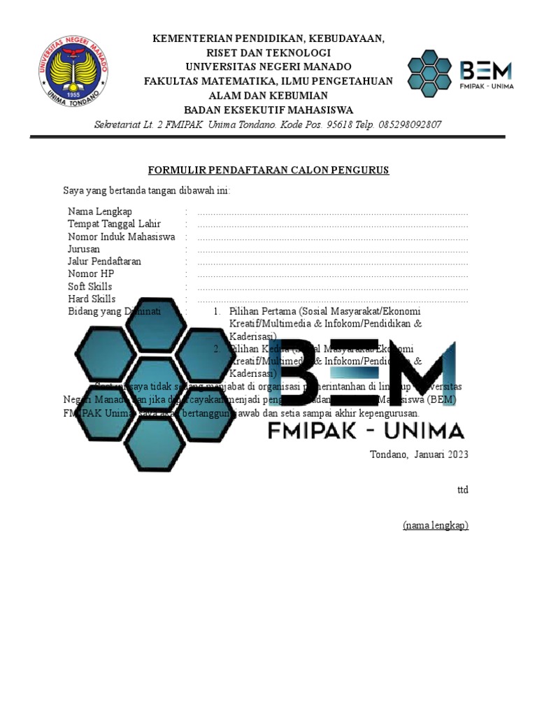 Formulir Pendaftaran Calon Pengurus BEM | PDF | Ilmu Sosial | Komputer