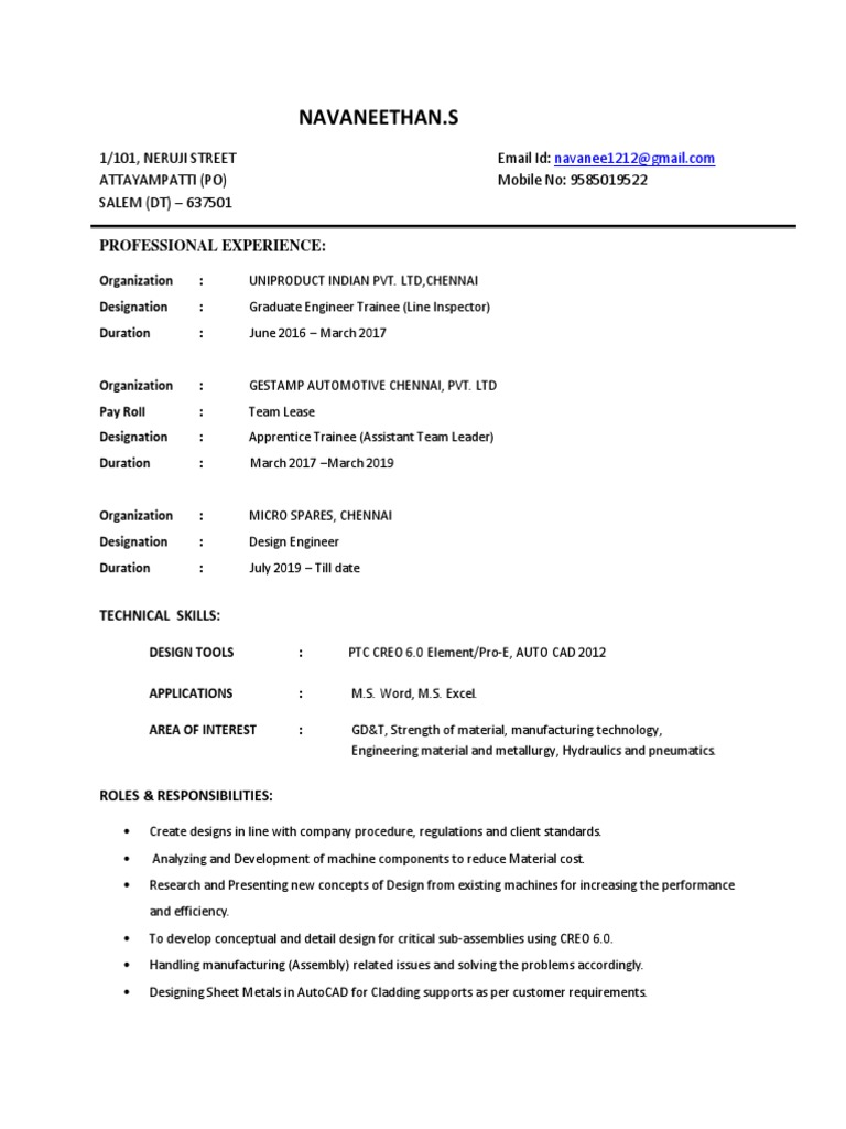 Naukri - NAVANEETHAN (4y - 1m) - Creo - Turtlebowl | PDF | Engineering | Business