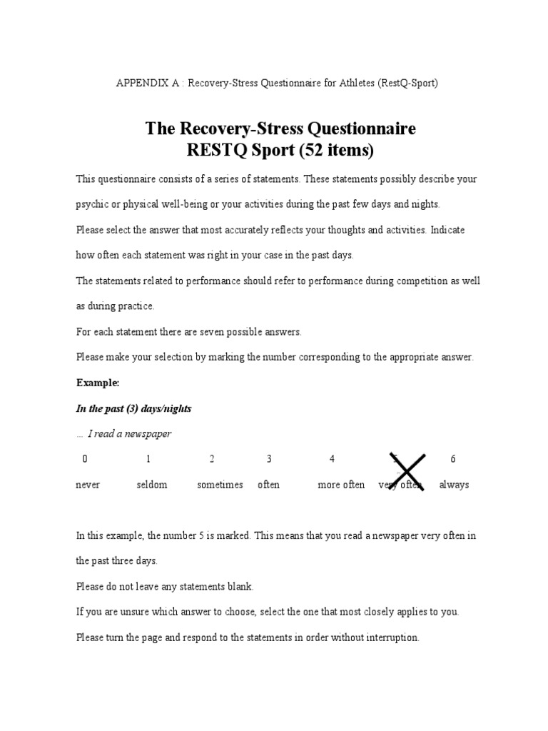 The Recovery-Stress Questionnaire RESTQ Sport (52 Items) | PDF | Sleep ...