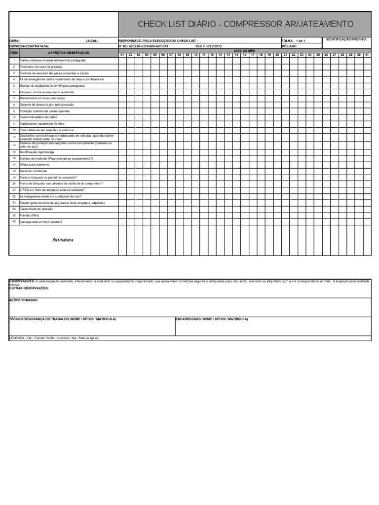 19 - Check List Diario - Compressor Ar Jateamento | PDF | Bens manufaturados | Gases