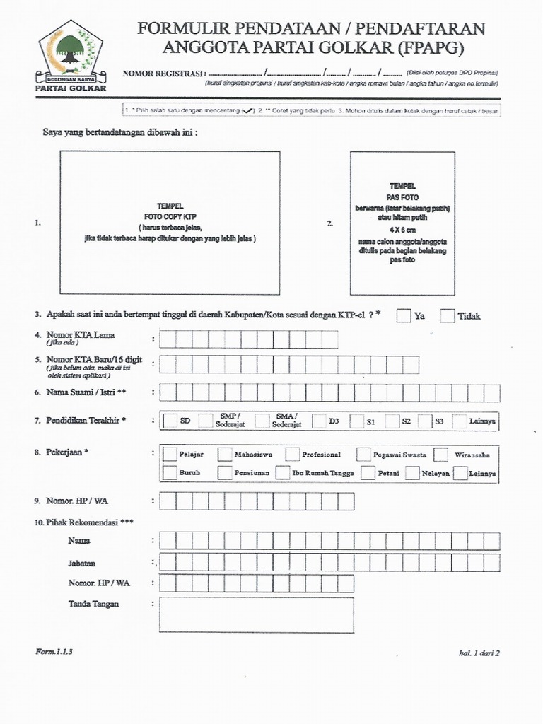 Form Kta Partai Golkar | PDF