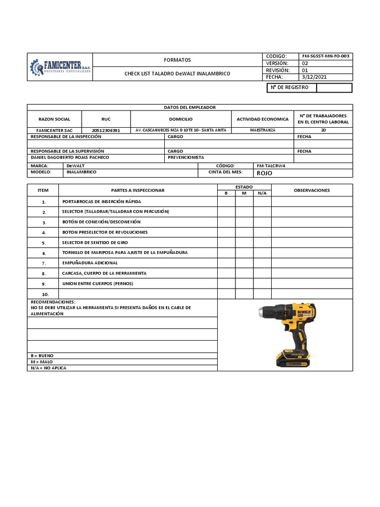 Check List Taladro Dewalt Inalambrico | PDF