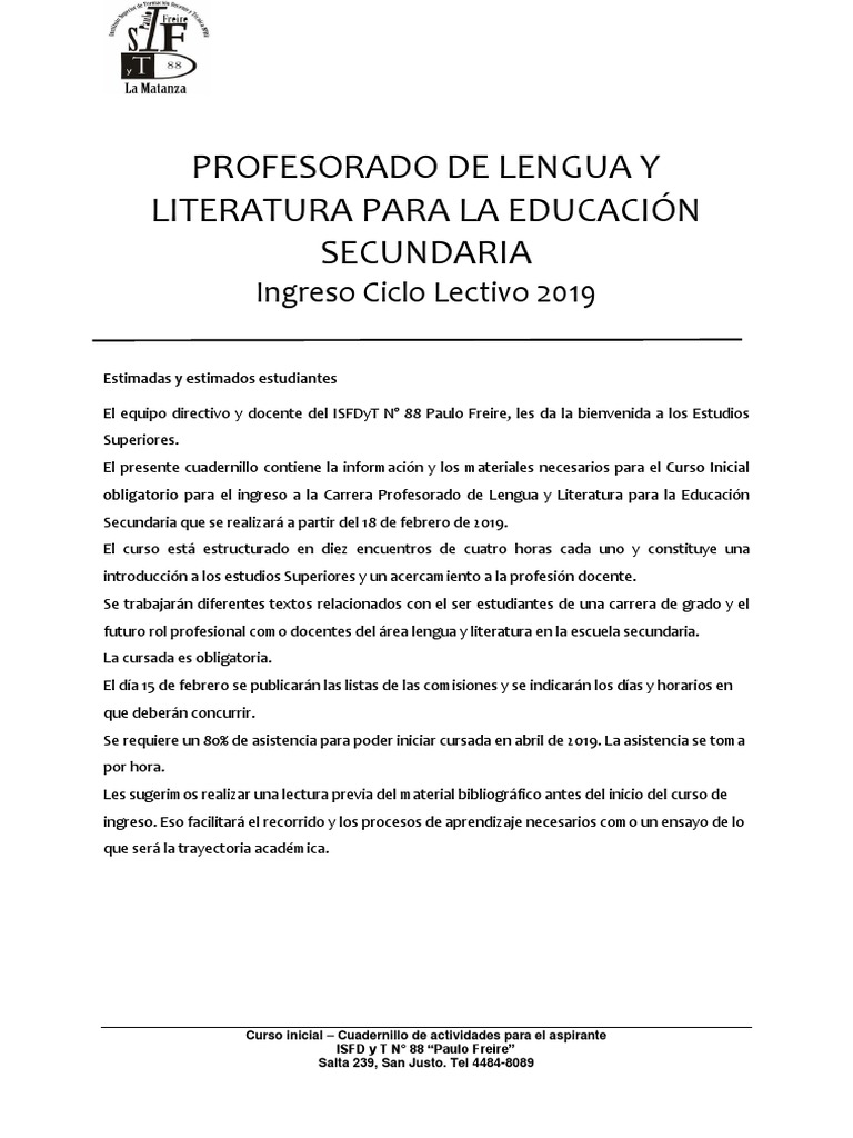Cuadernillo de Ingreso de Profesorado de Lengua, Fahce, Unlp | PDF ...
