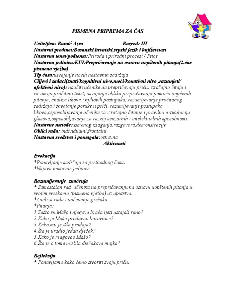 17.KUI PREPRIČAVANJE NA OSNOVU UOPŠTENIH PITANJA (2.čas) PISMENA VJEŽBA | PDF