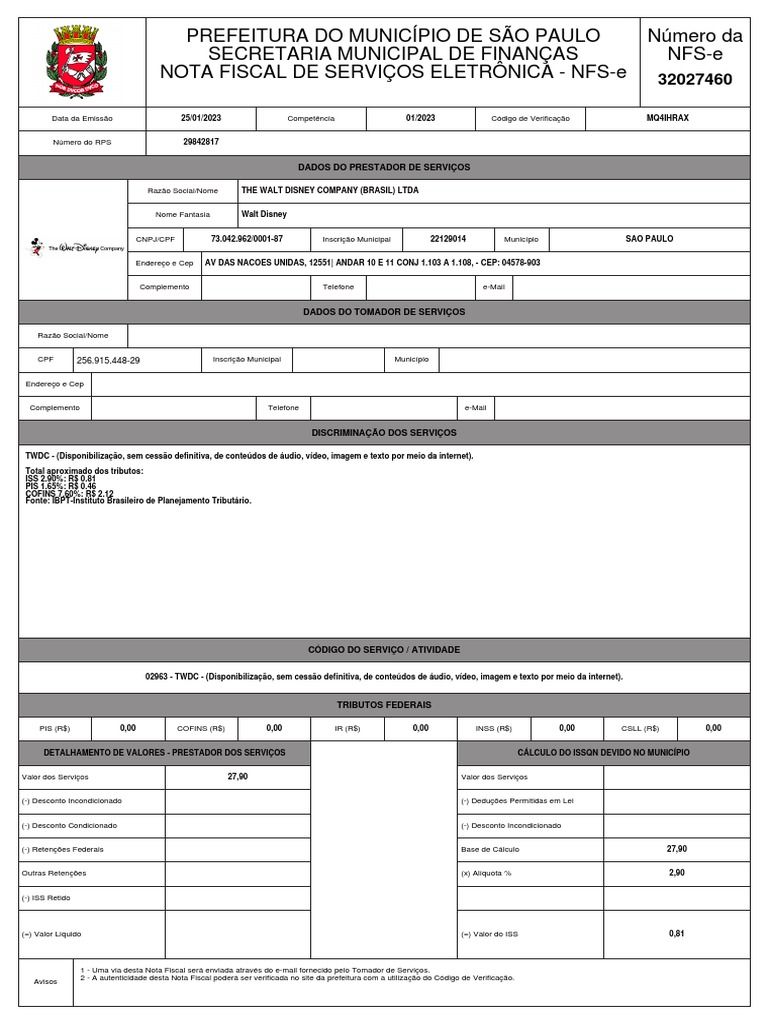 Número Da NFS-e Prefeitura Do Município de São Paulo Secretaria ...