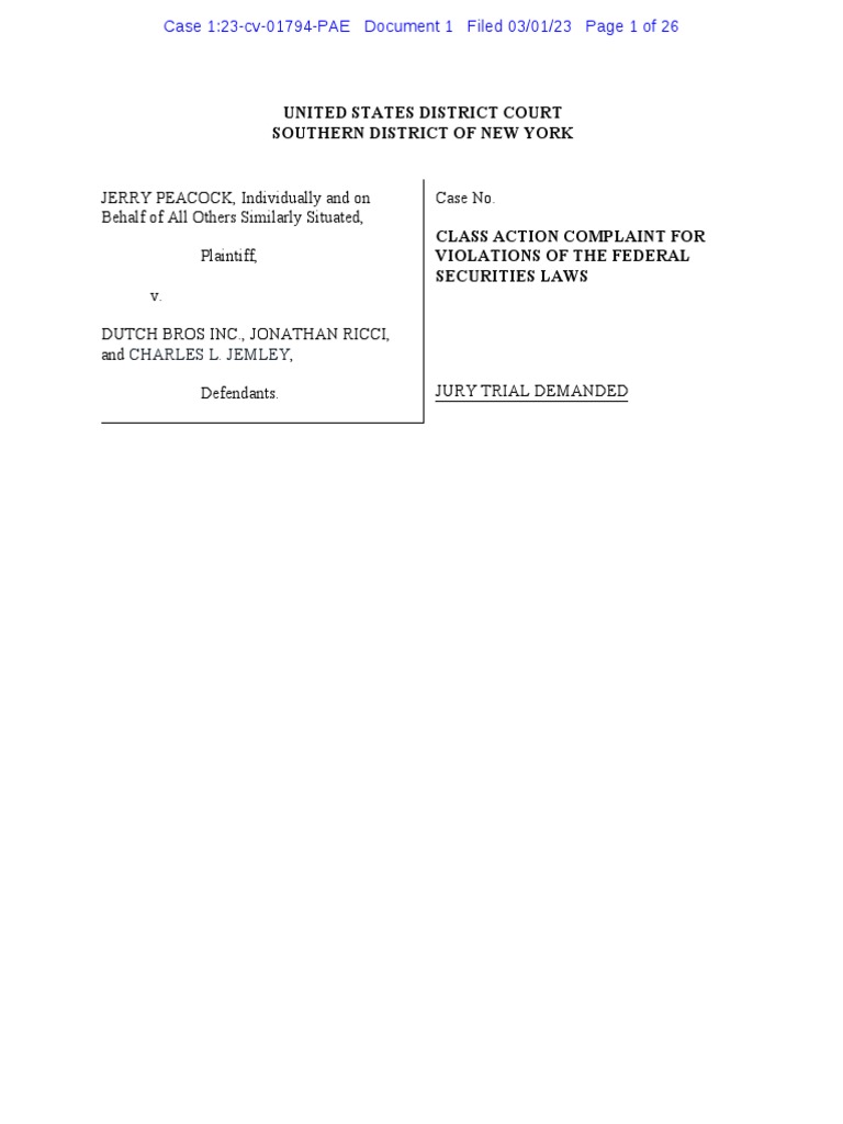 Dutch Bros Lawsuit Download Free PDF Sec Rule 10b 5 Class Action