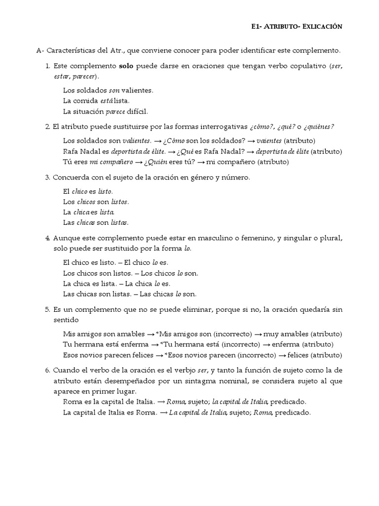 E1 - Atributo - Explicación | PDF | Asunto (gramática) | Predicado ...
