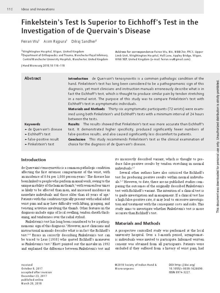 Quervain Finkelstein Vs Eichhoff | PDF | Limbs (Anatomy) | Clinical ...