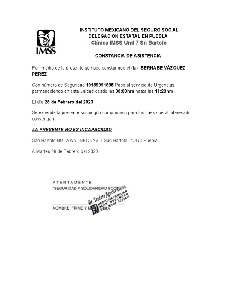 Bernabe Constancia Imss | PDF