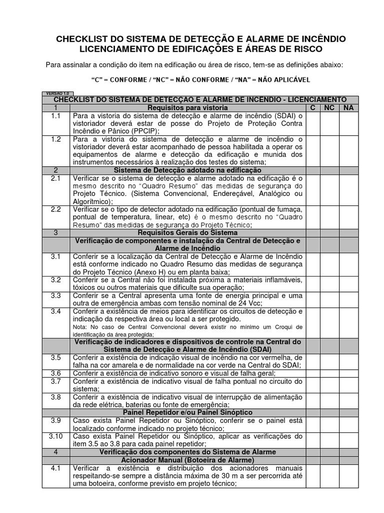 Checklist Do Sistema de Detecção e Alarme de Incêndio Licenciamento de ...