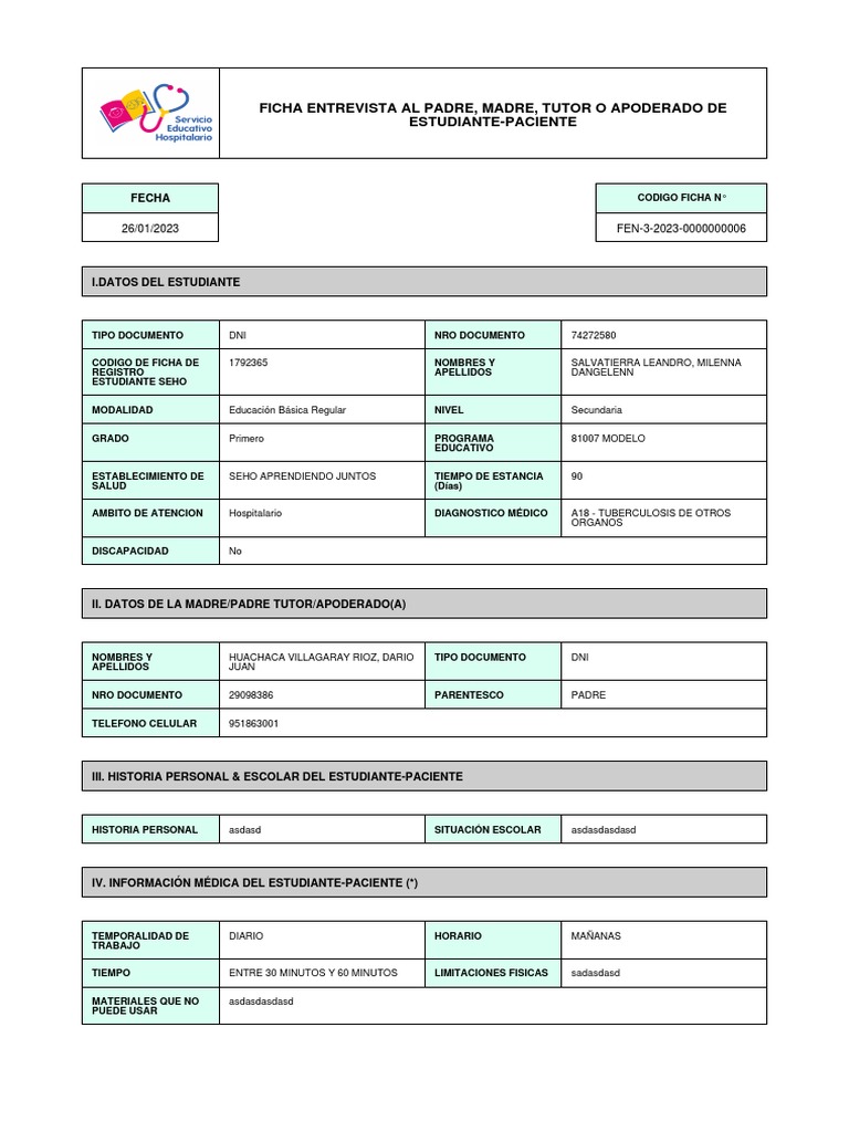 Ficha Entrevista Al Padre, Madre, Tutor O Apoderado de Estudiante-Paciente | PDF | Sicología