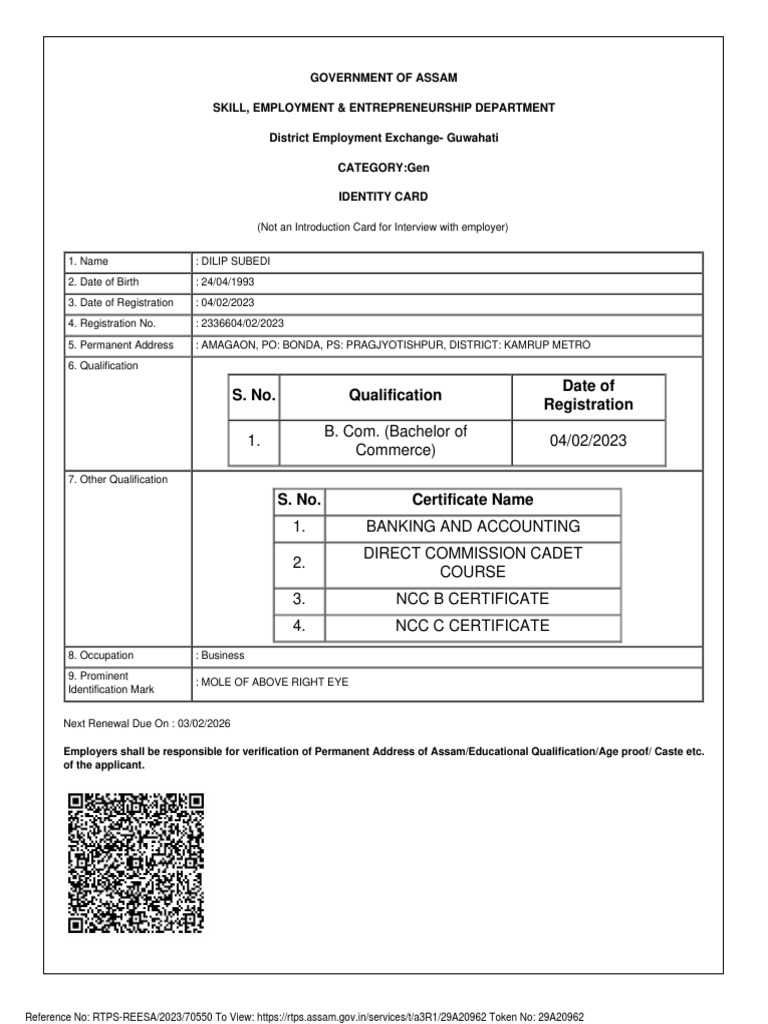 Dilip Subedi's Identity Card from the District Employment Exchange in Guwahati: Details on ...