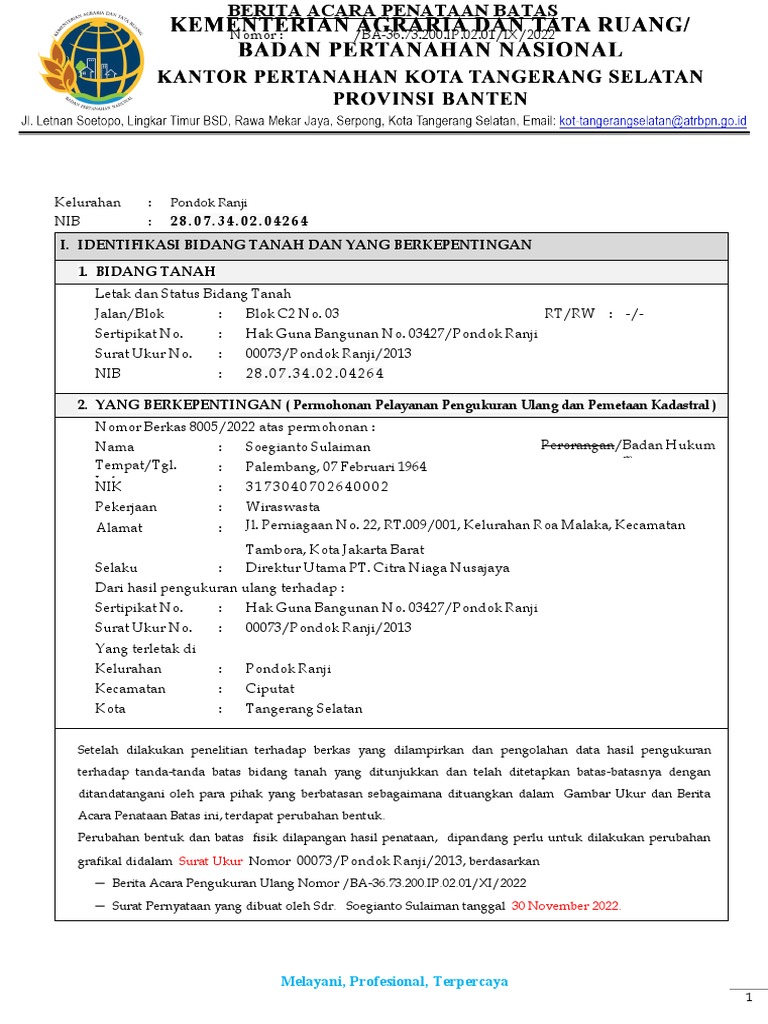 Berita Acara Penataan Batas | PDF